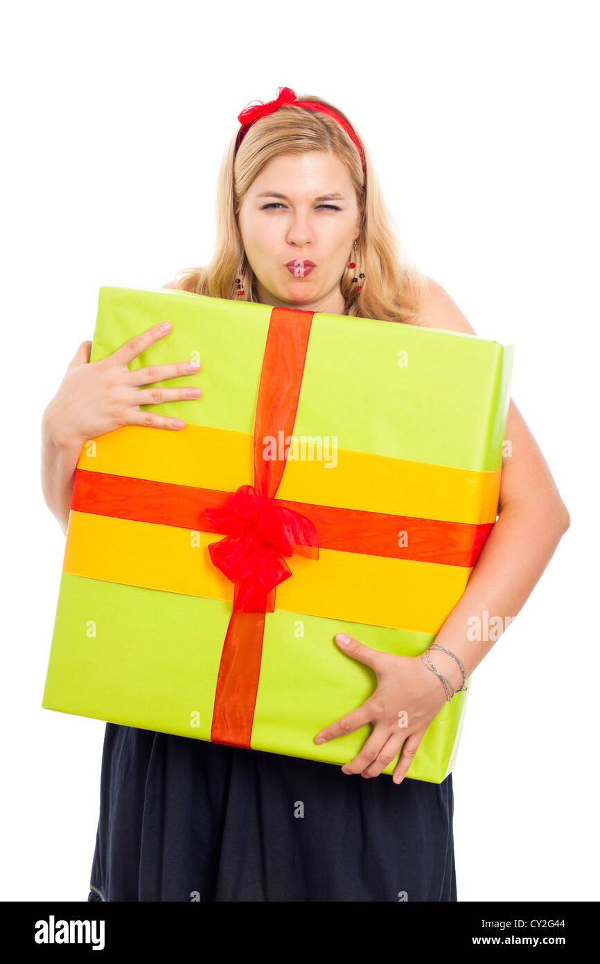 Greedy woman holding big gift box, isolated on white background Stock ...