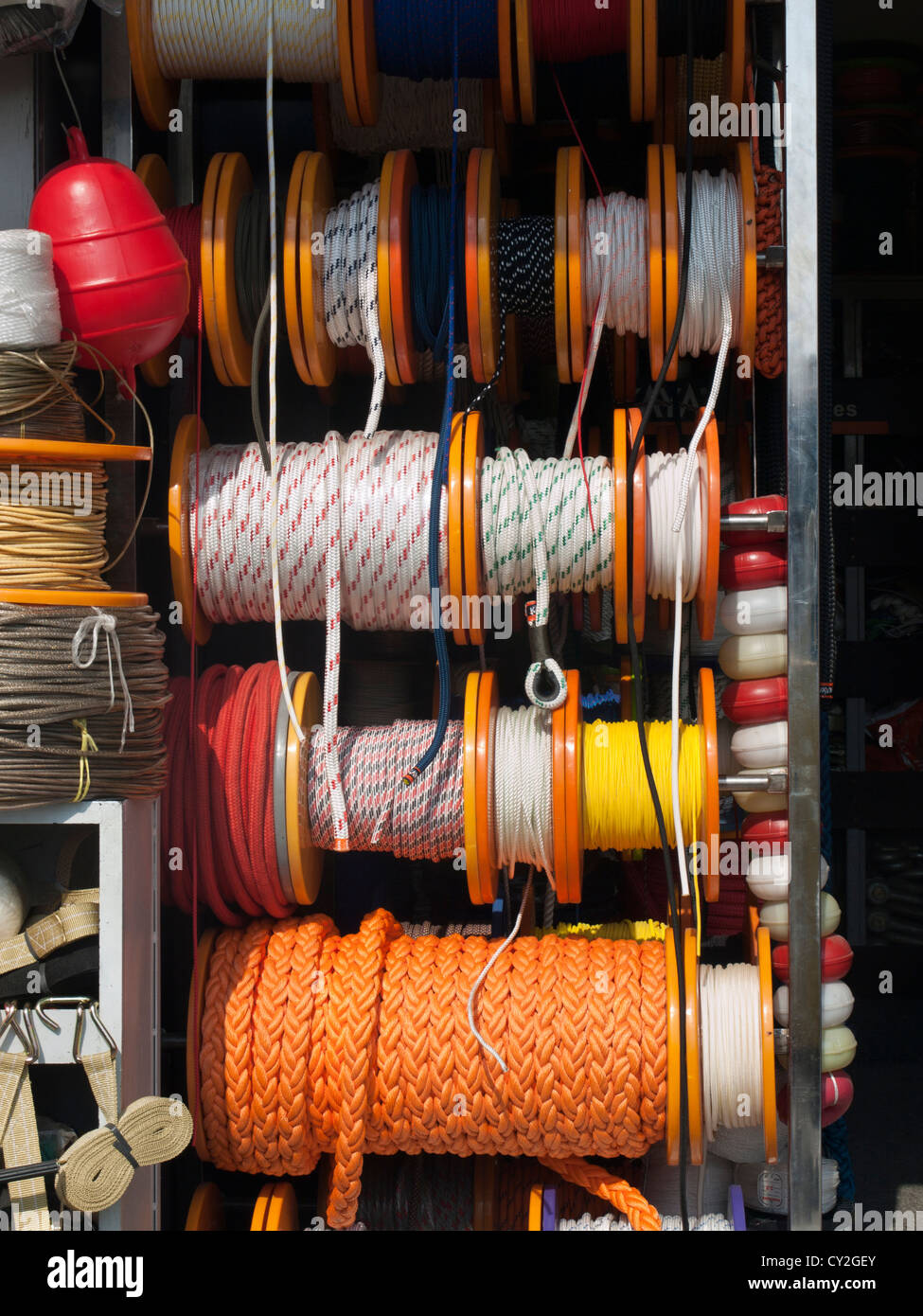 Rope, cable or hawser on reels on sale in a shop in Karaköy Istanbul ...