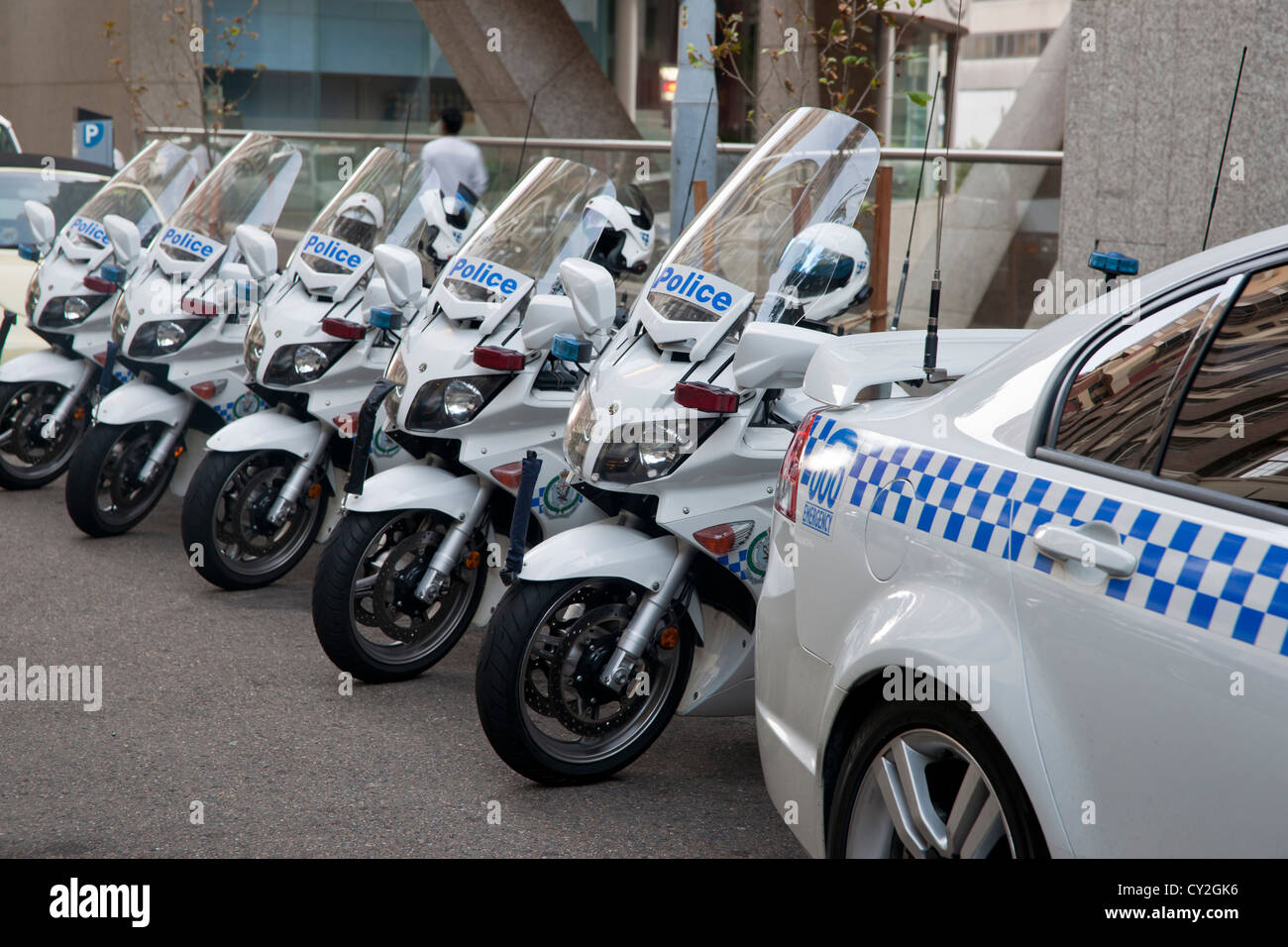 police motorcycles and car lined up in Sydney street Stock Photo - Alamy
