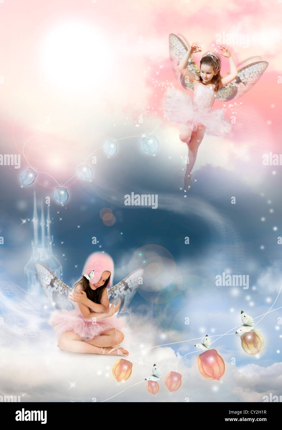 Two little fairies on the sky background Stock Photo - Alamy