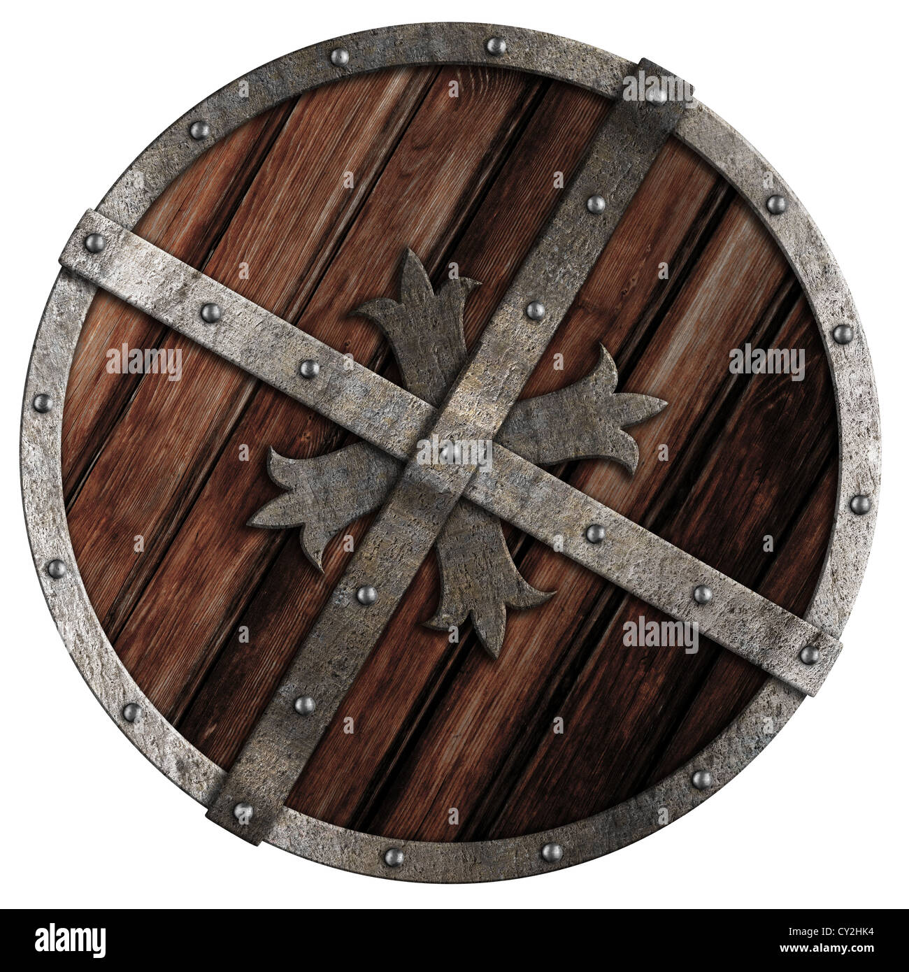 Old crusader wooden shield with metal border isolated on white Stock ...