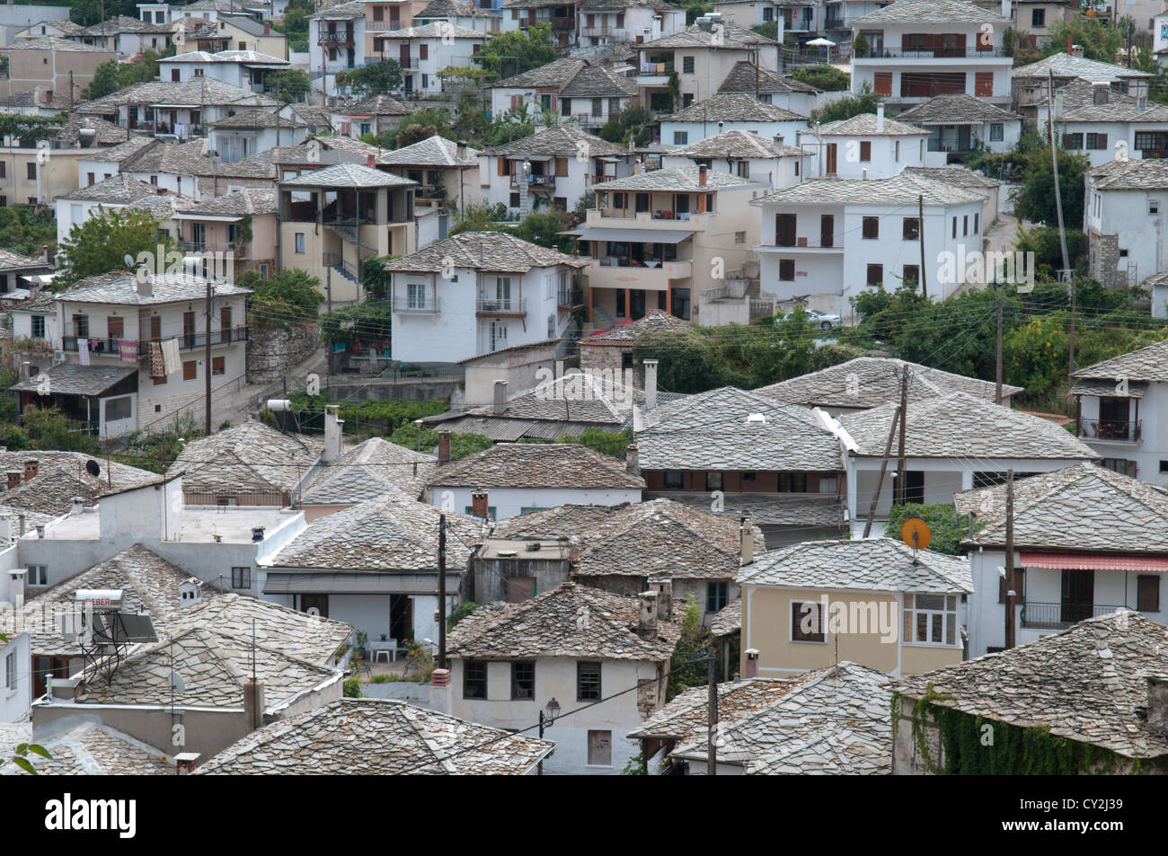 Thassos, Greece. Greek island. September. Grey slate roofs on the old ...