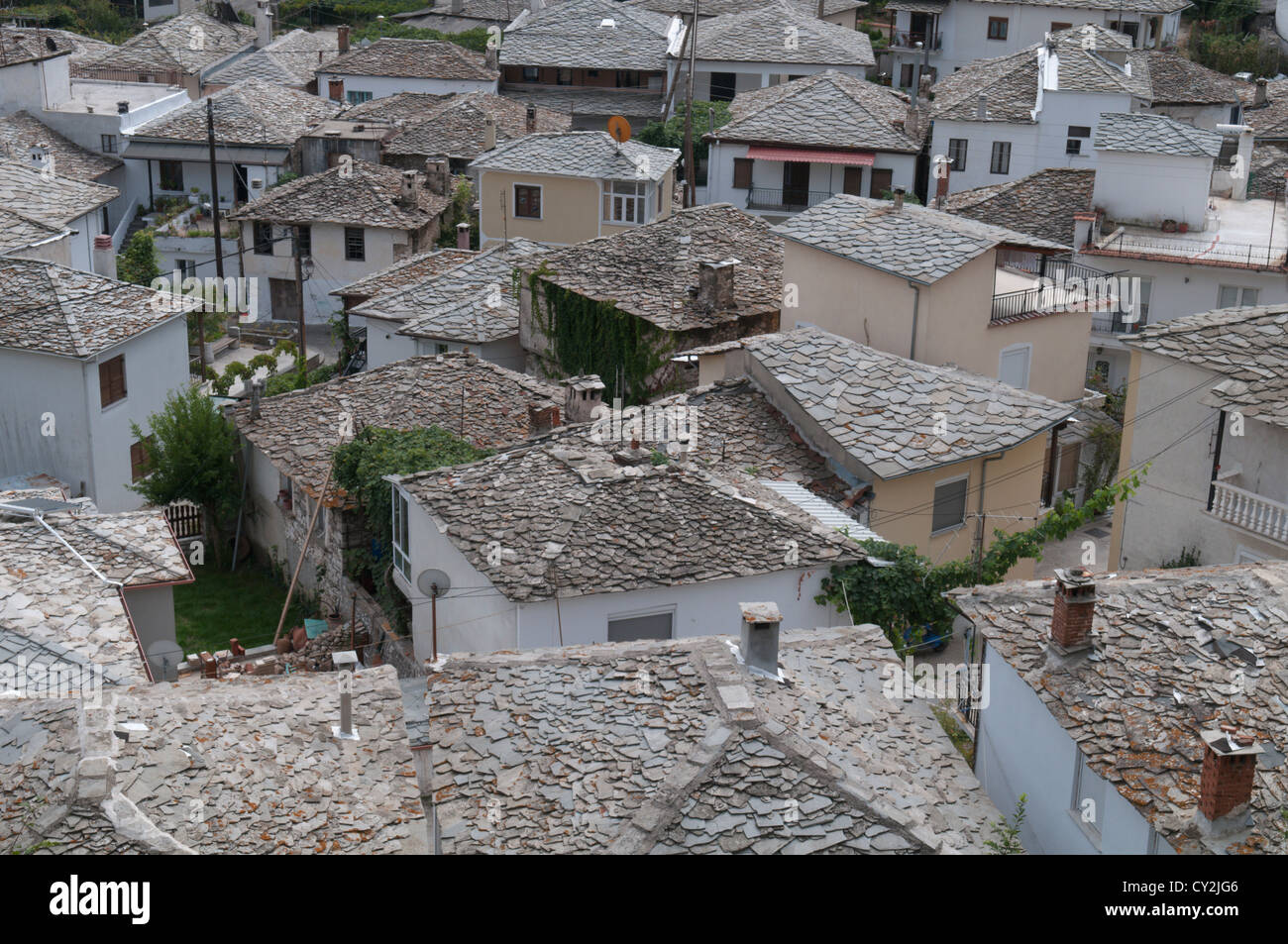 Thassos, Greece. Greek island. September. Grey slate roofs on the old ...