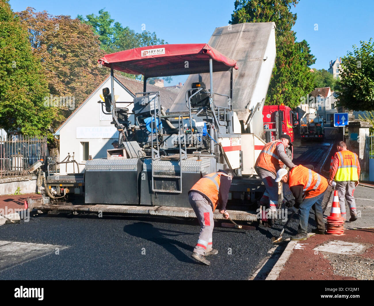 Tarmac laying machine in operation - France Stock Photo - Alamy