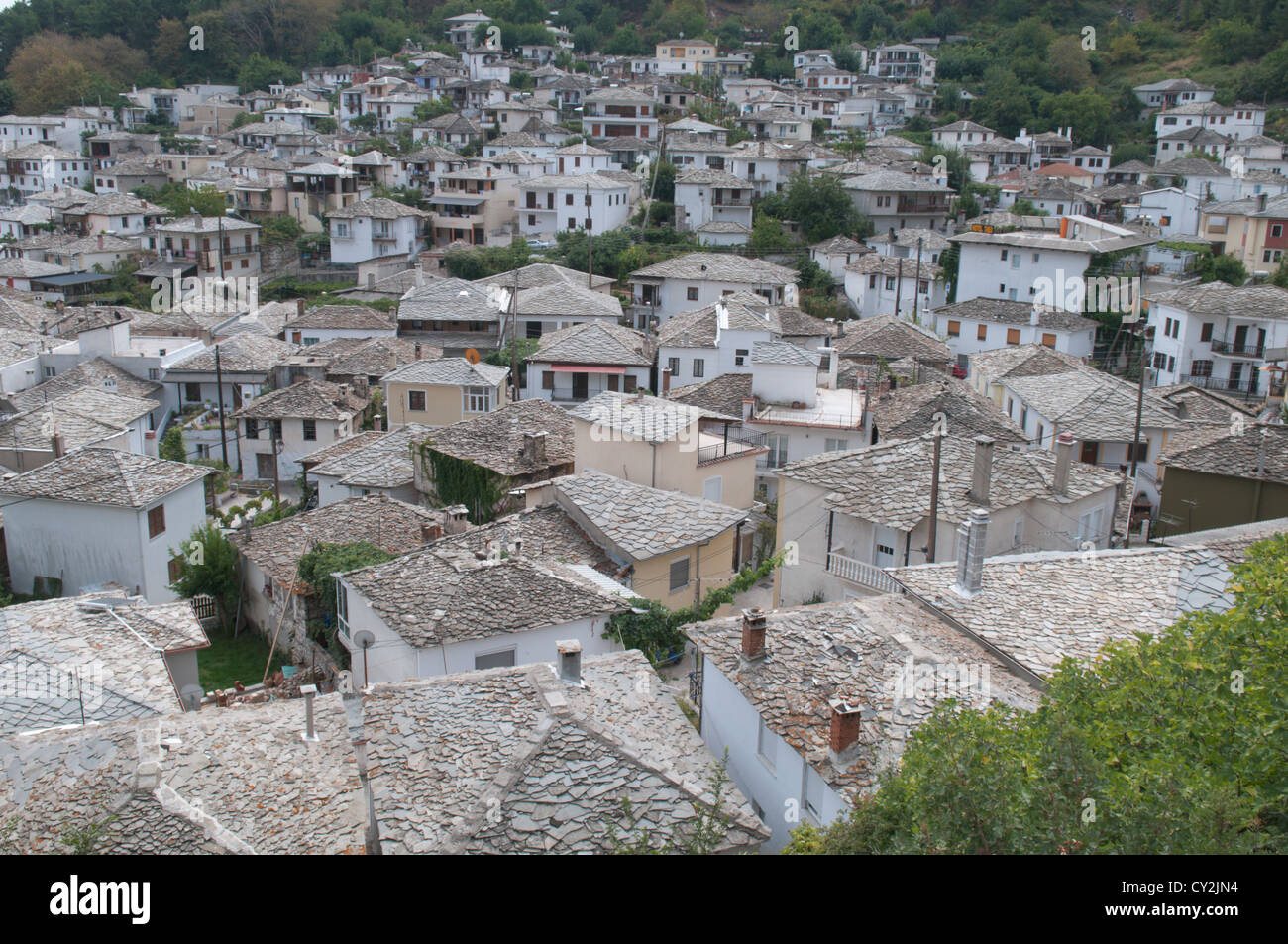 Thassos, Greece. Greek island. September. Grey slate roofs on the old ...