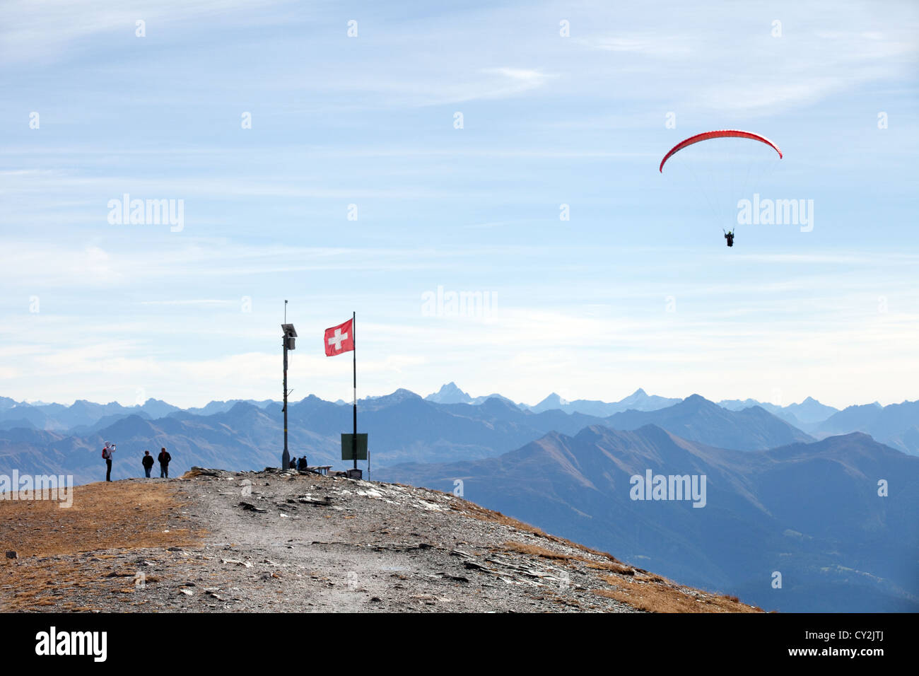 Walking and paragliding, Swiss Alps at Flims, Graubunden, Switzerland ...
