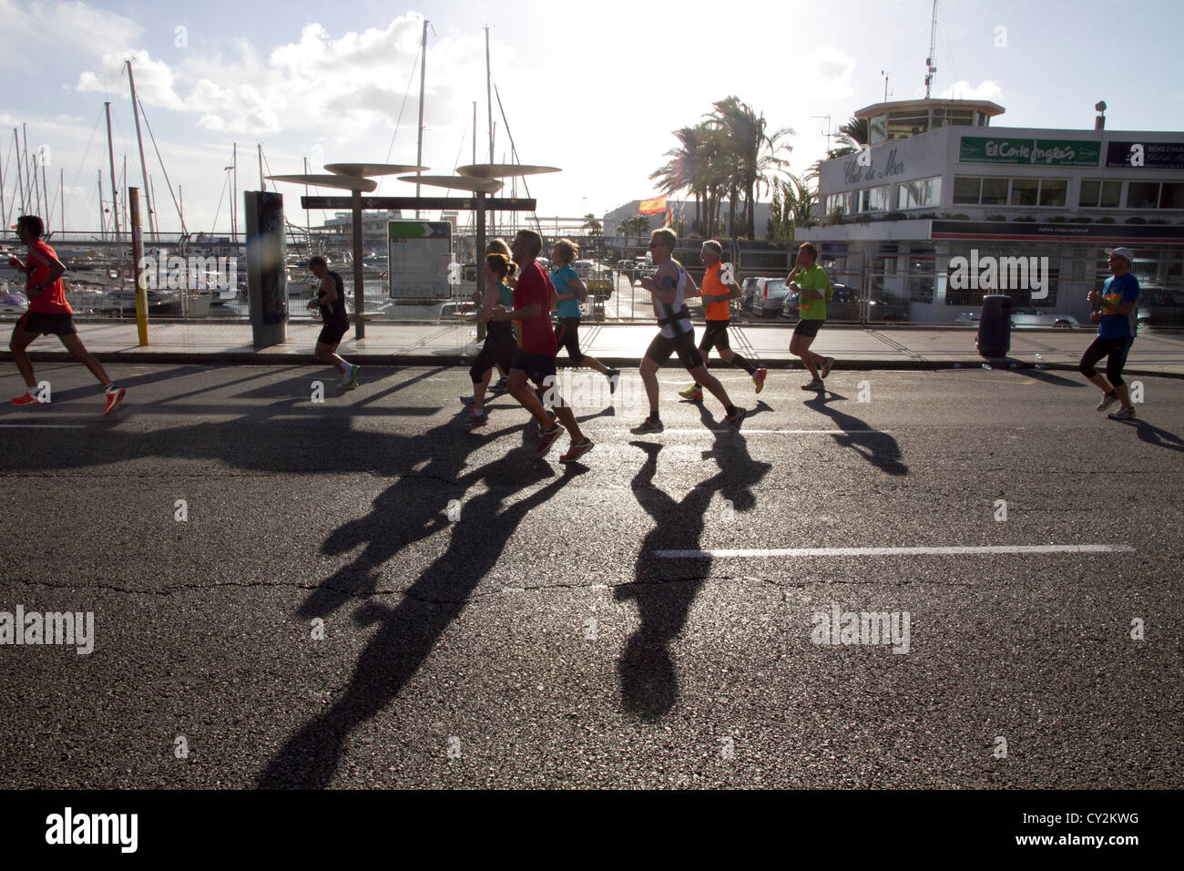 Marathon runners race athletes running shadows on road Palma de ...