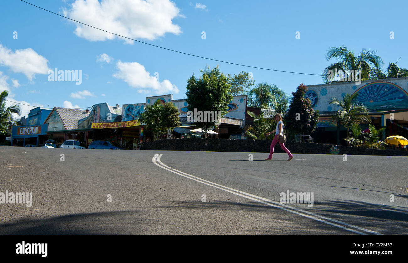 Woman crosses main street in small Australian town of Nimbin Stock ...