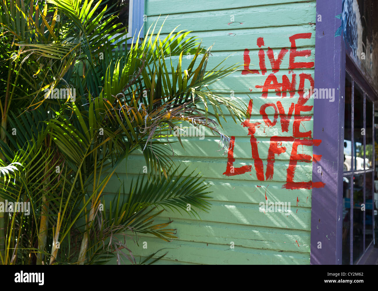 Live and love life, words painted rustically in red on side of green ...