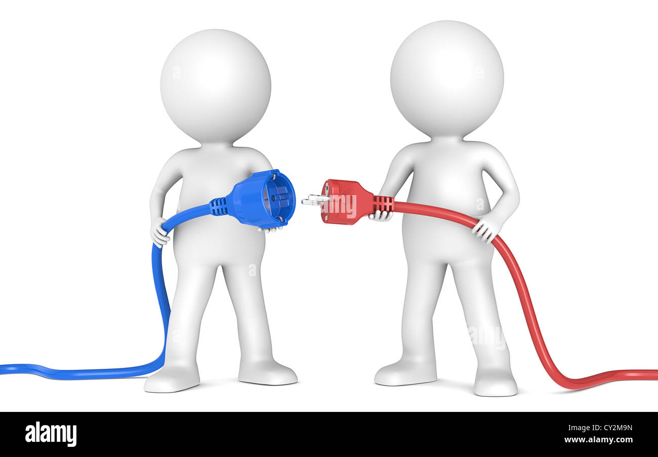 3D little human character X2 holding blue and red Power Cable. Male and ...