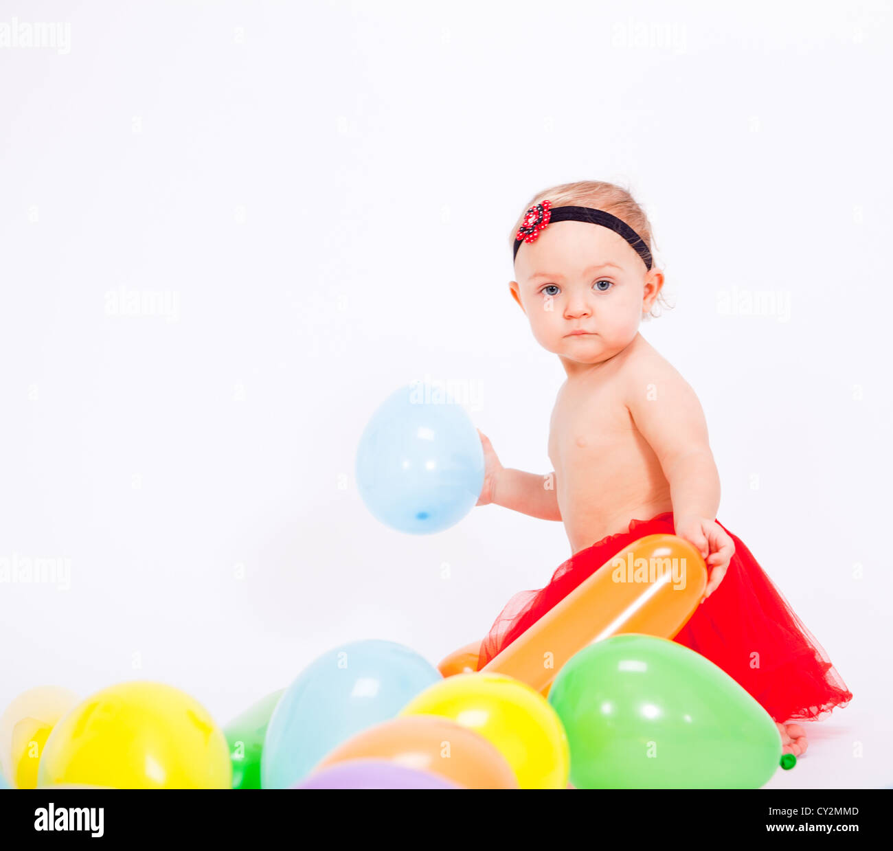 cute little baby child with colorful balloons birthday celebration ...