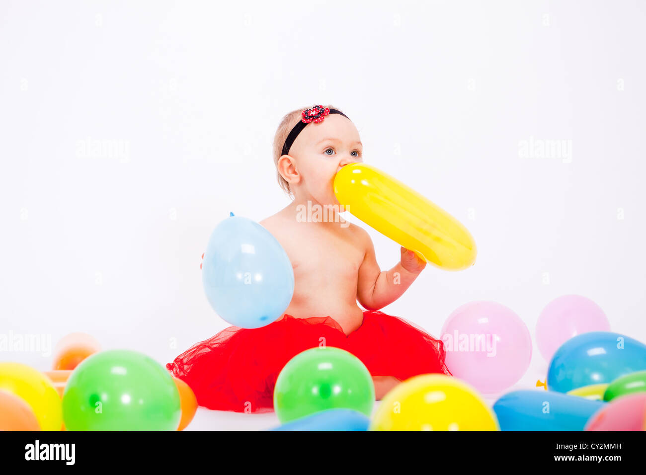 cute little baby child with colorful balloons birthday celebration ...