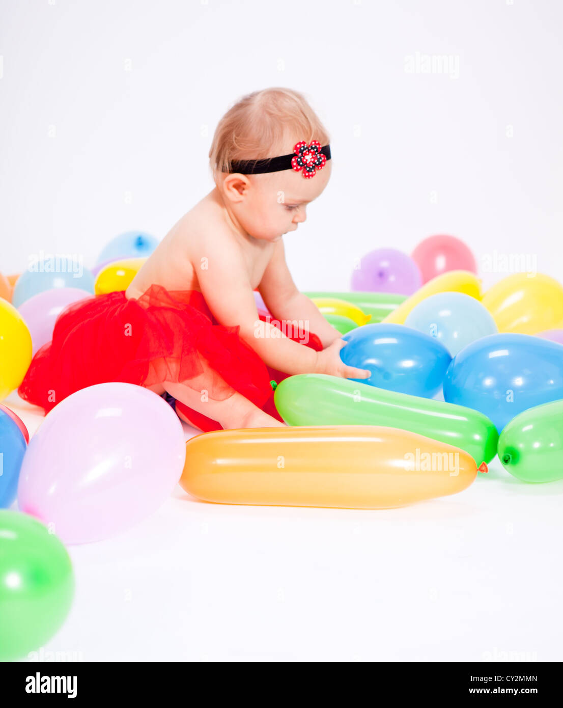 cute little baby child with colorful balloons birthday celebration ...