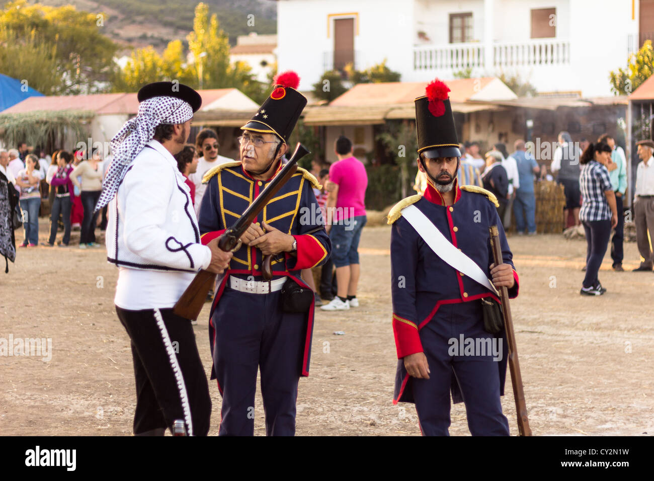 Bandit and soldiers at historical reenactment of 1840's spanish world ...