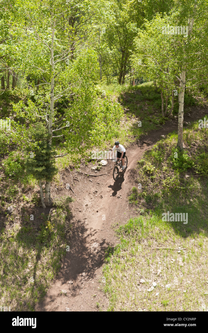 Utah, Sundance Resort, summer view from chair lift, mountain biker on ...