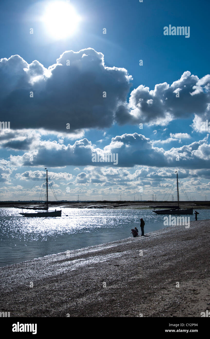 West Mersea beach Blackwater river estuary with family in silhouette ...