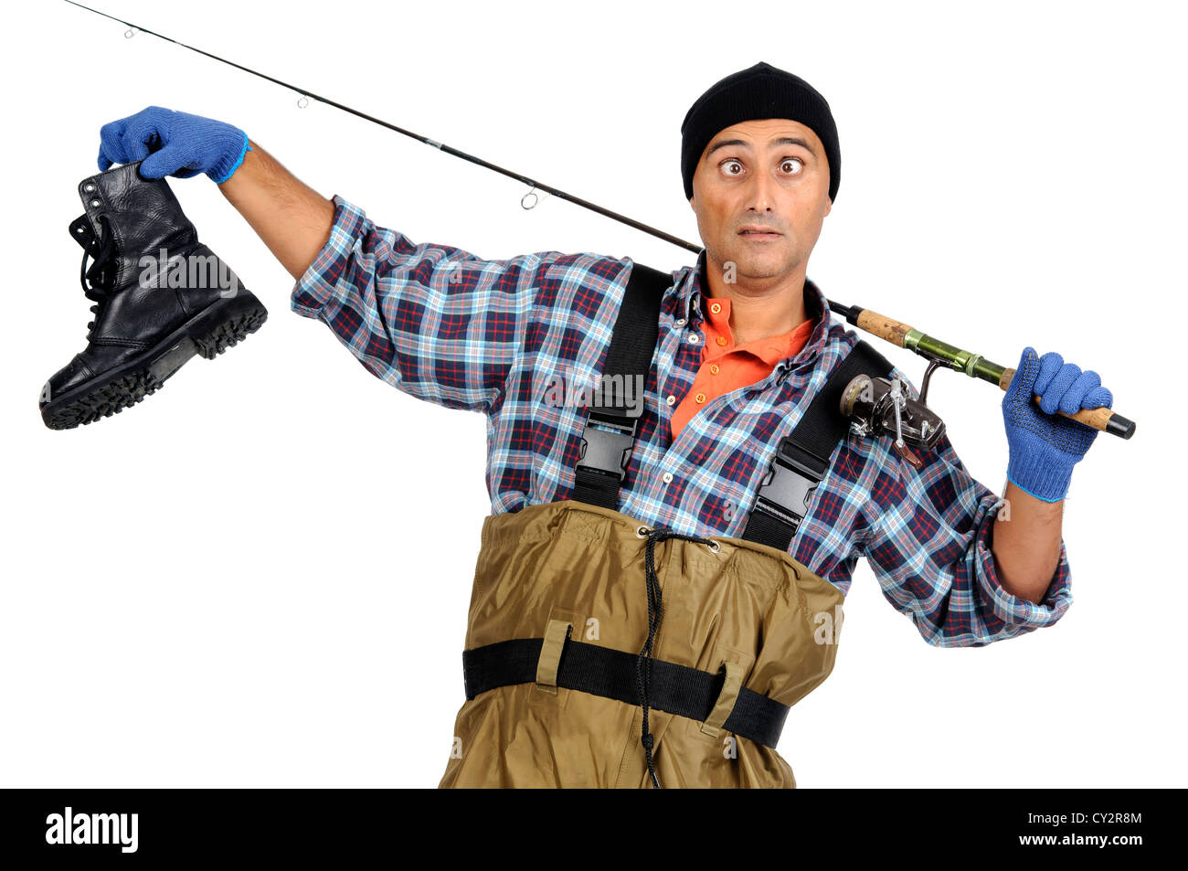 Fisherman with fishing rod and old boot isolated in white Stock Photo ...