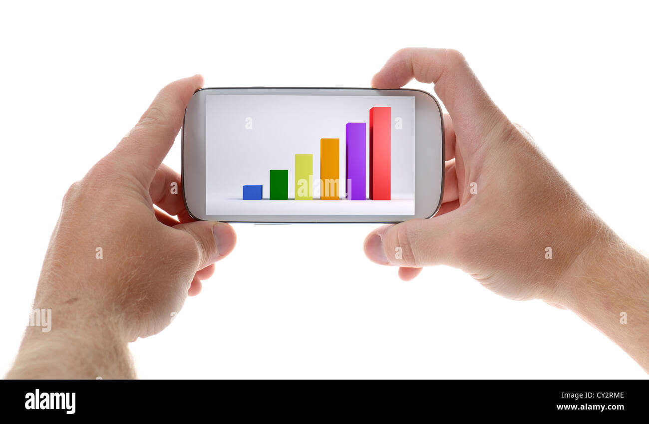 Hand holding modern mobile smart phone with success growth chart on ...