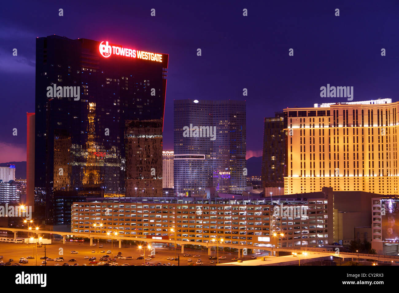 Back of the Paris hotel and the Towers Westgate high rises at dusk in ...