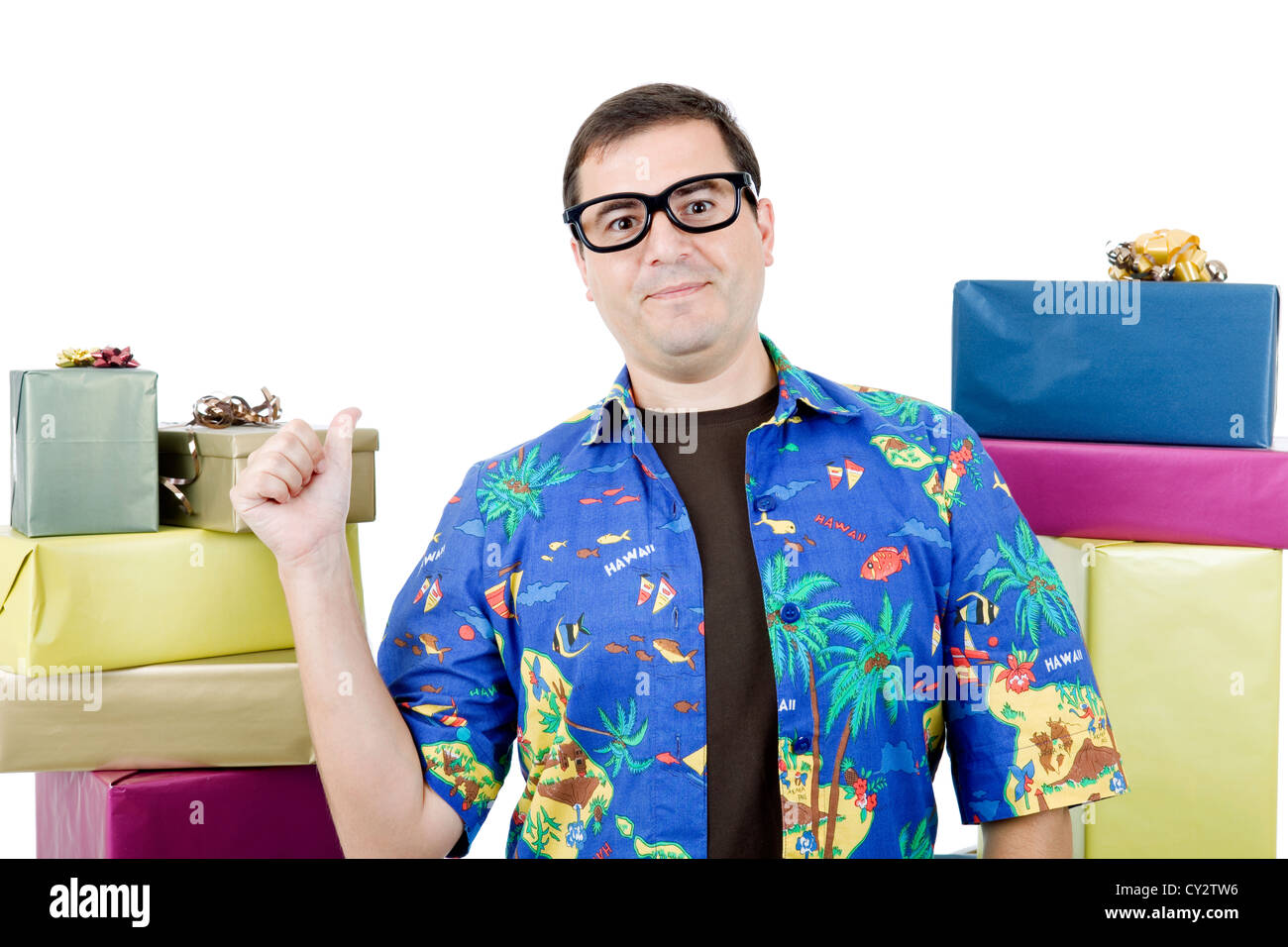 happy silly salesman with some boxes, isolated on white Stock Photo - Alamy