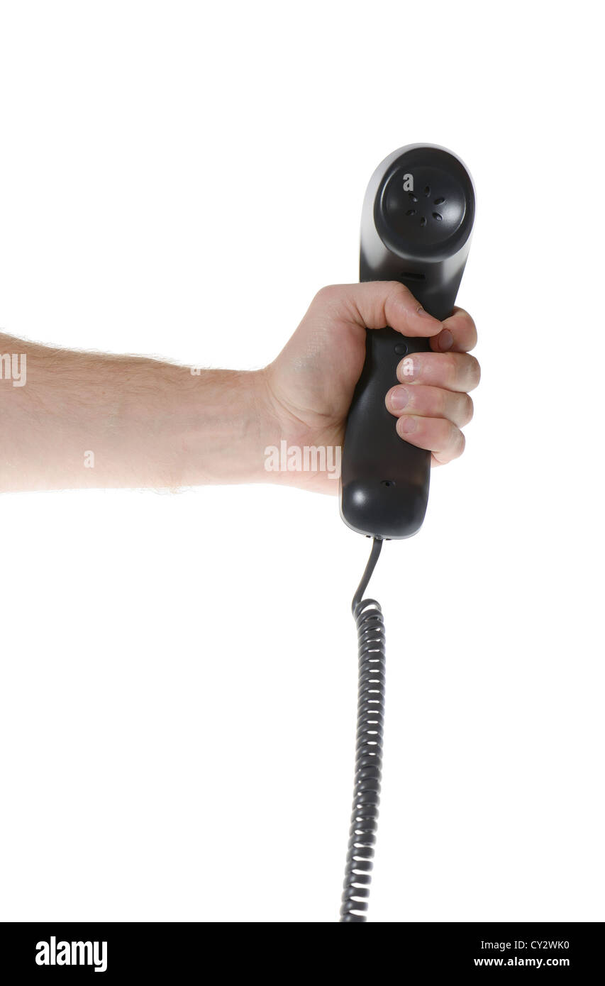 hand holding out landline phone handset isolated on white Stock Photo ...