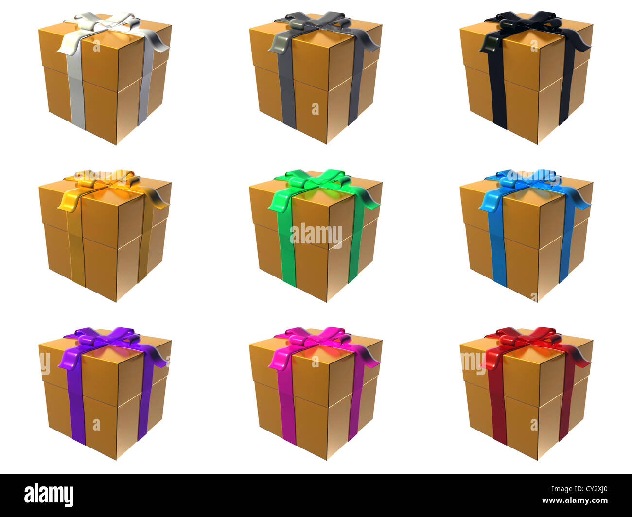 9 orange gift boxes with different ribbon colors Stock Photo - Alamy