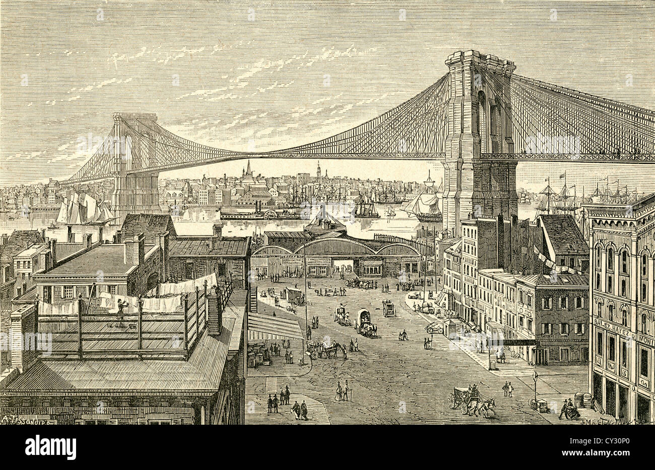 Brooklyn Bridge, New York, United States of America in the 19th century ...
