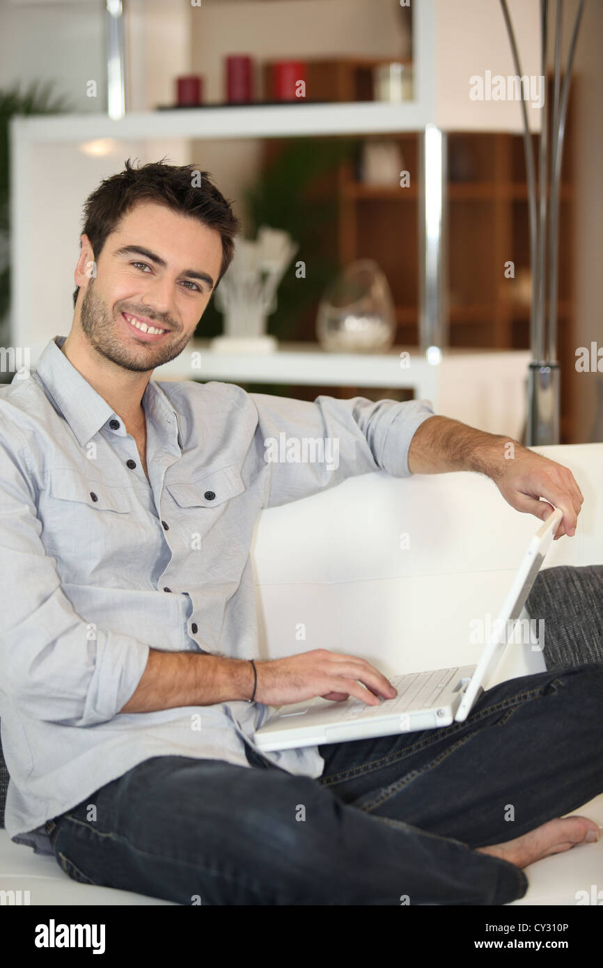 Man in front of computer Stock Photo - Alamy