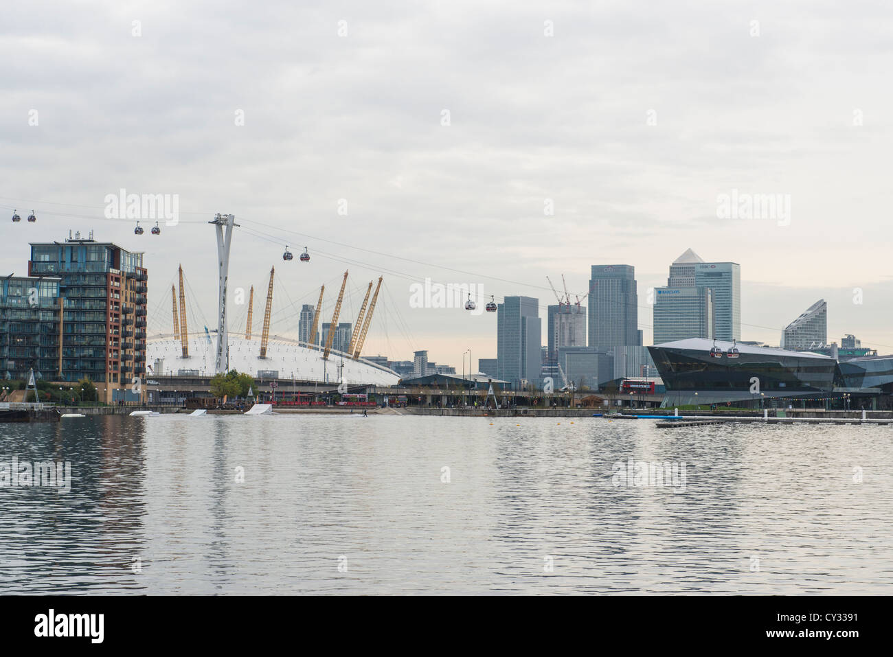 Side view of Emirates Air Line cable car with O2 Centre, formerly ...