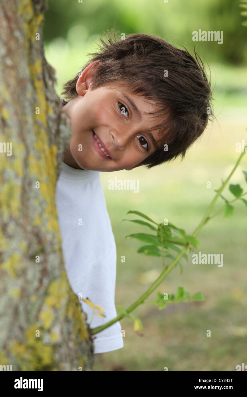 Boy behind tree trunk hi-res stock photography and images - Alamy