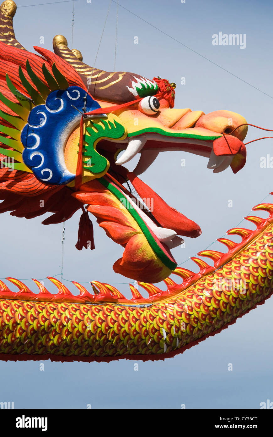 A freshly painted Chinese dragon adorns the main street of Chinatown ...