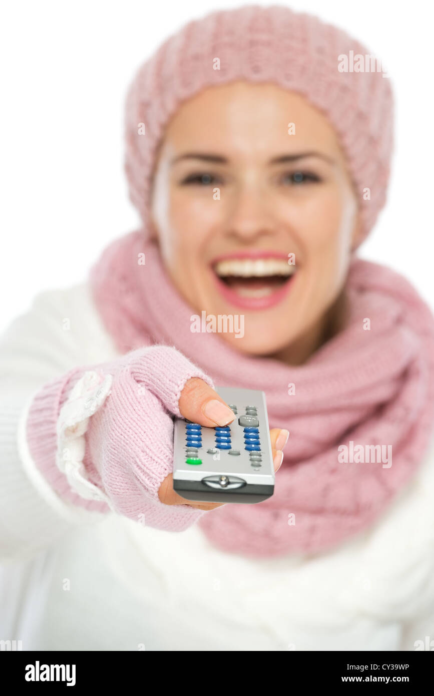 Closeup on TV remote control in hand of woman in winter clothing Stock ...