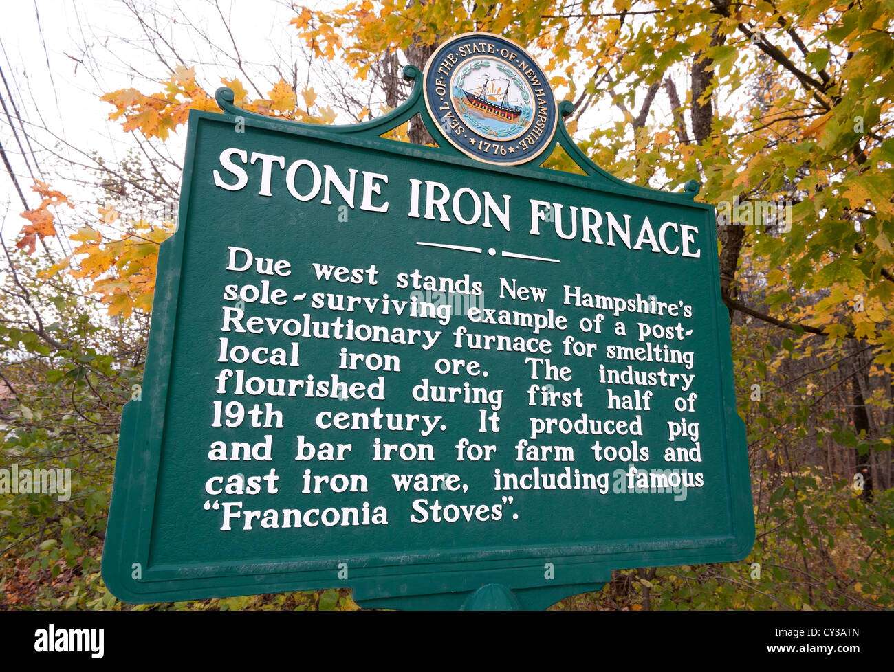 Sign for the Franconia stone iron furnace Stock Photo - Alamy