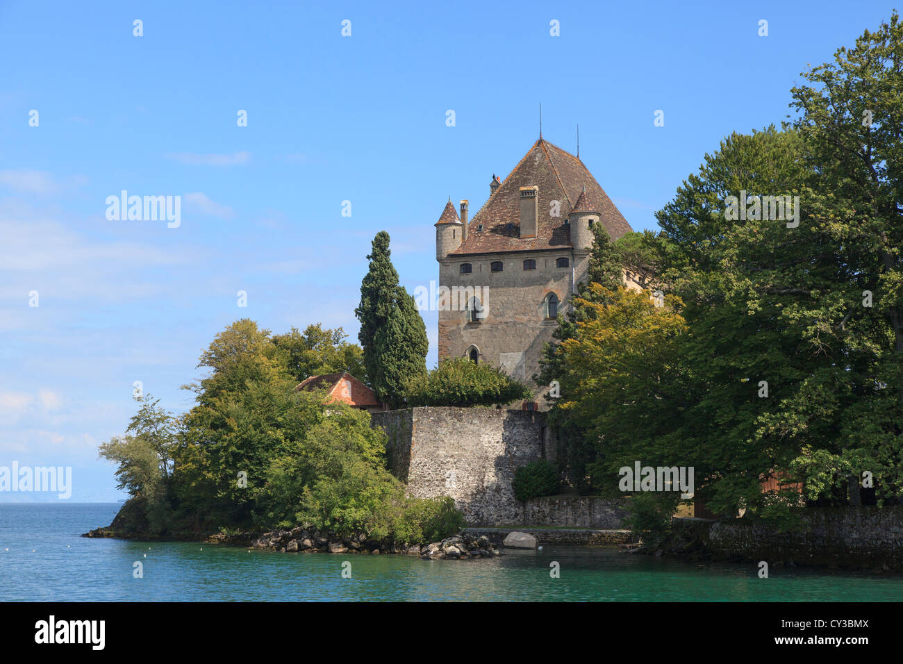 The castle in Yvoire on the French bank of Lake Geneva or Lac Leman ...
