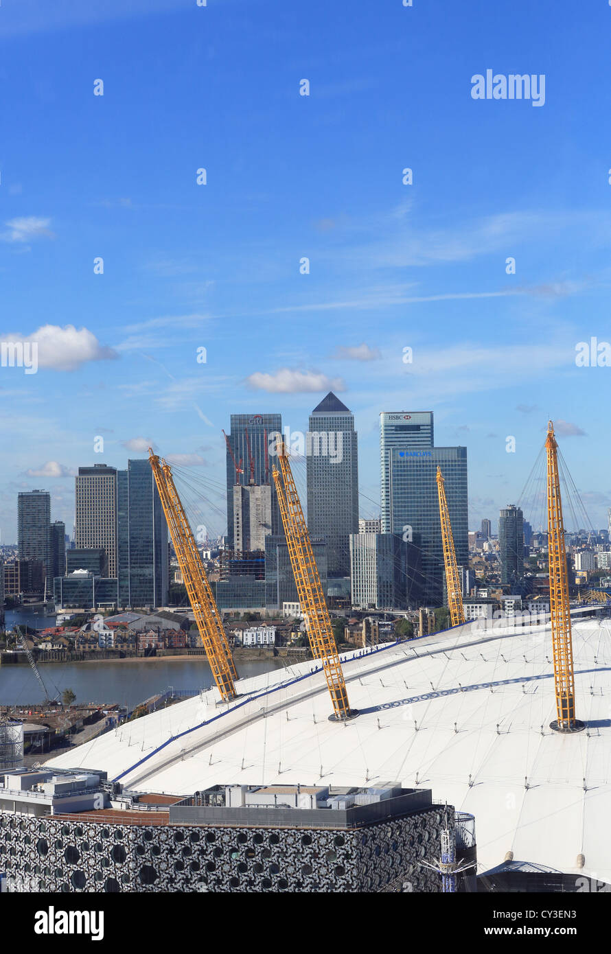 View of the O2 arena, with Canary Wharf and the Docklands behind, from ...
