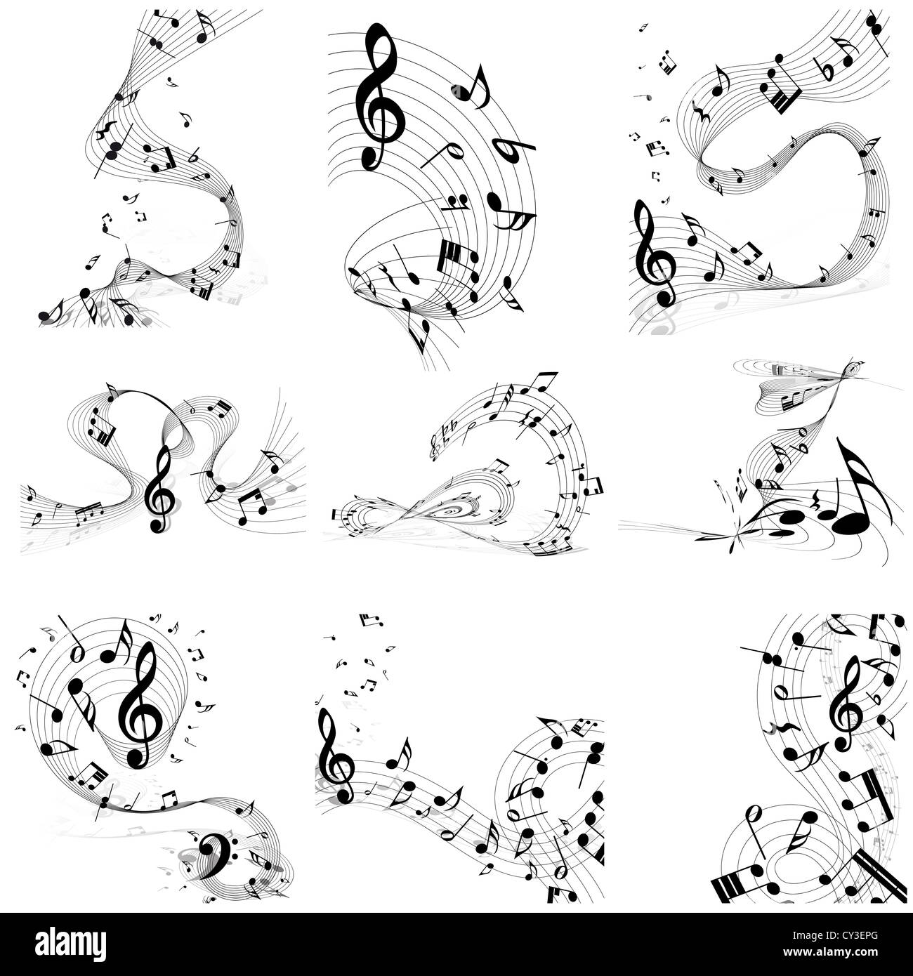 Musical note staff set. Nine images. Vector illustration Stock Photo ...