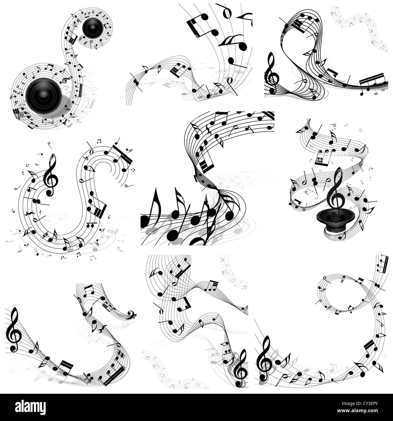 Musical note staff set. Nine images. Vector illustration Stock Photo ...