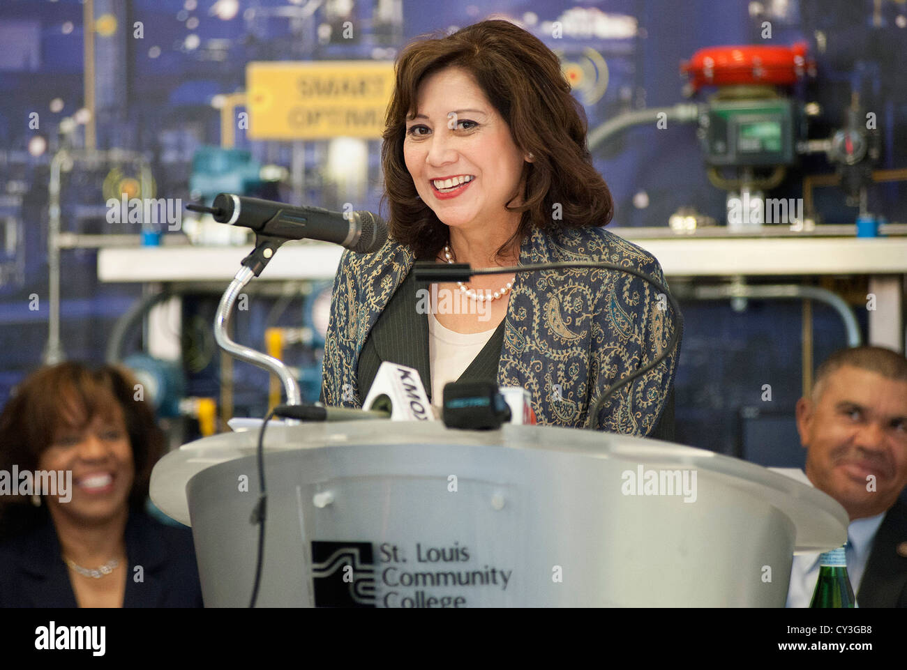 US Secretary of Labor Hilda Solis delivers an address while visiting St ...