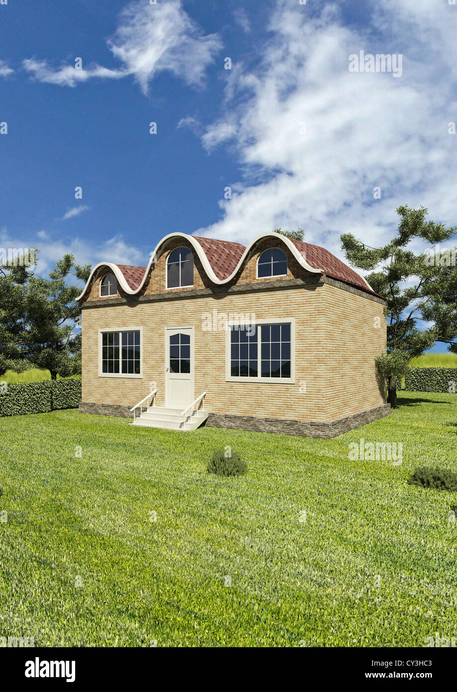 Brick House with trees and lawn Stock Photo - Alamy