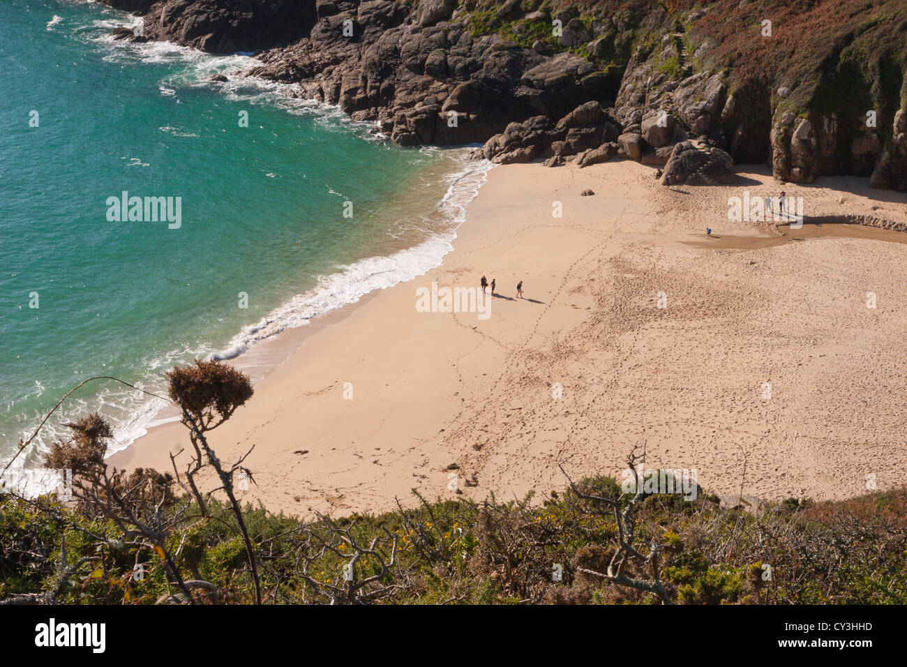 Bright blue Atlantic ocean at Porthcurno beach, Cornwall, Southwest ...