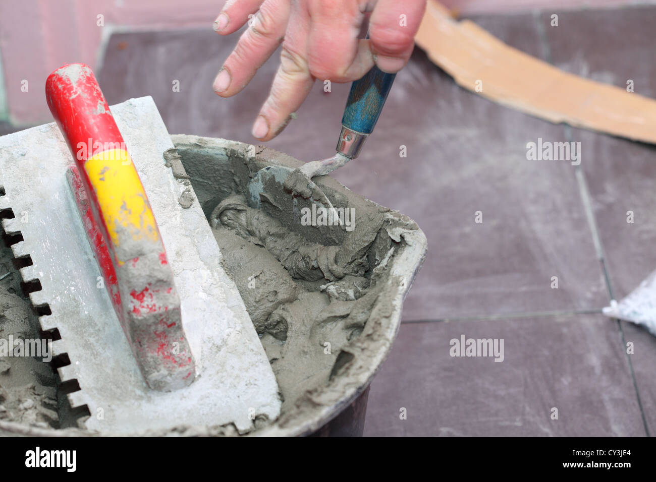 Man Construction worker is tiling at home, tile floor adhesive Stock ...