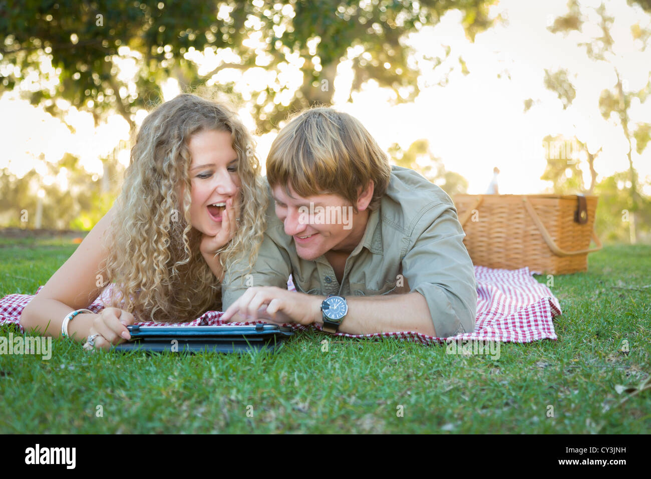 Playful Loving Couple Using a Touch Pad Computer at Their Picnic ...