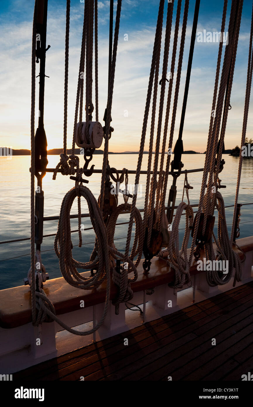 Aboard the historic tall ship Zodiac at sunset looking through the ...