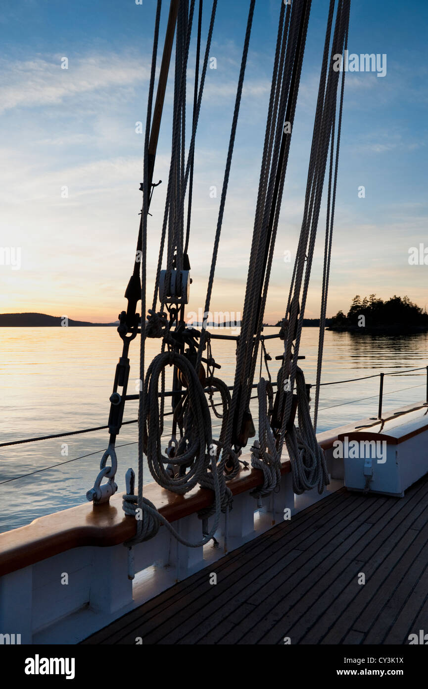 Aboard the historic tall ship Zodiac at sunset looking through the ...