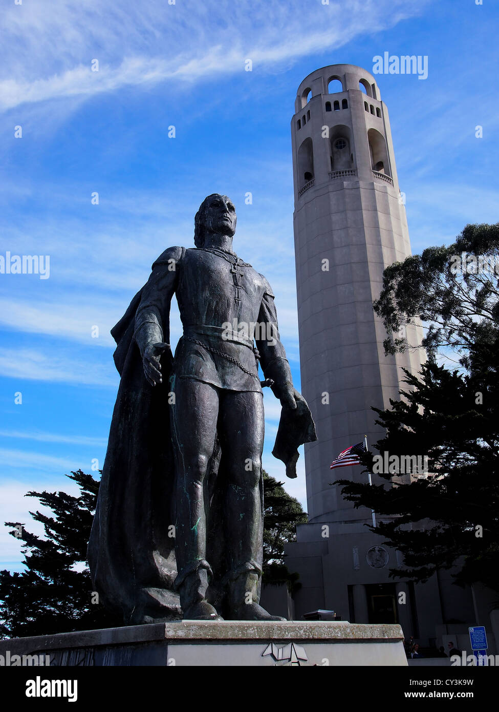 Statue of Christopher Columbus Outside Coit Tower, San Francisco with ...