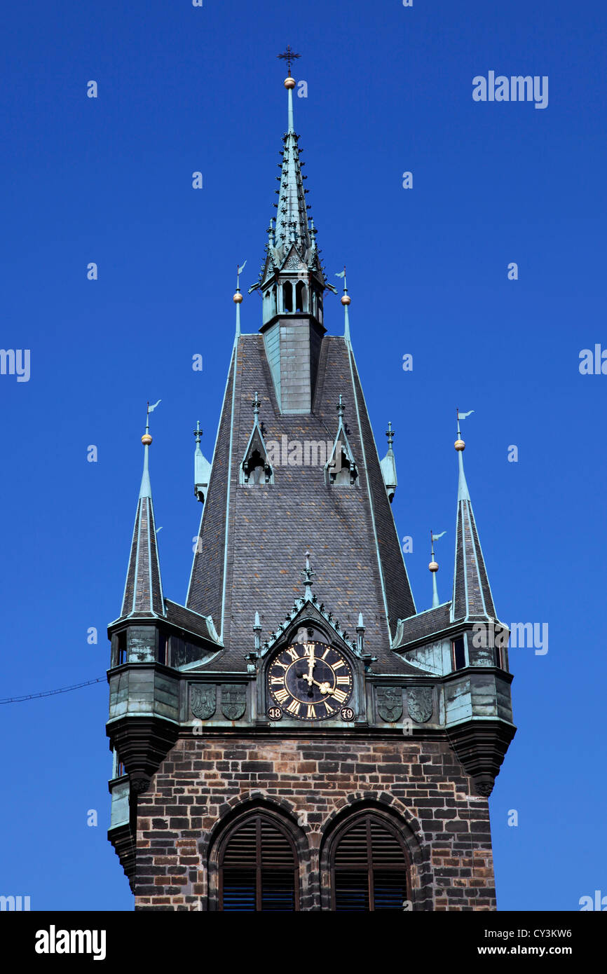 Gothic spires of the Jindrisska Vez Tower and a street scene with a ...