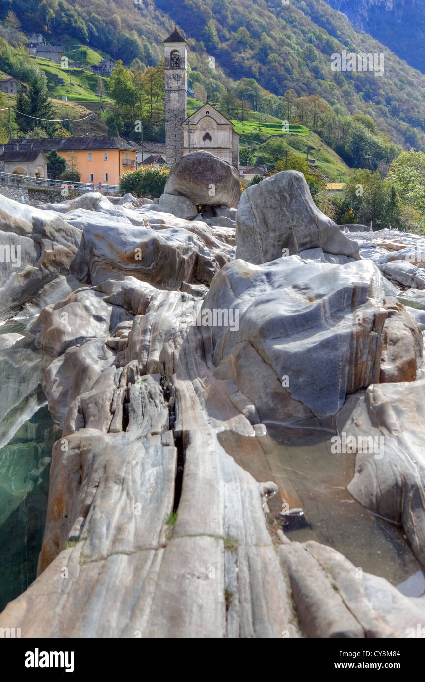 Lavertezzo and the river Verzasca in Ticino, Switzerland Stock Photo ...