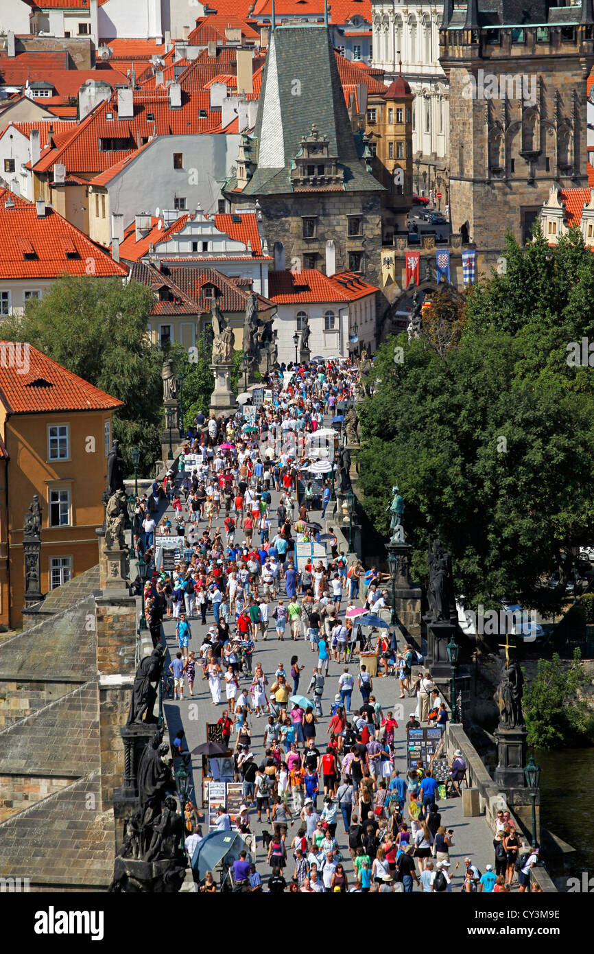 Crowds of tourists on the Charles Bridge in Prague, Czech Republic ...