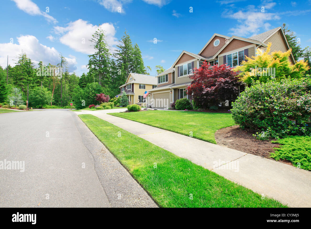 Beautiful American street with walkway and large houses and landscape ...