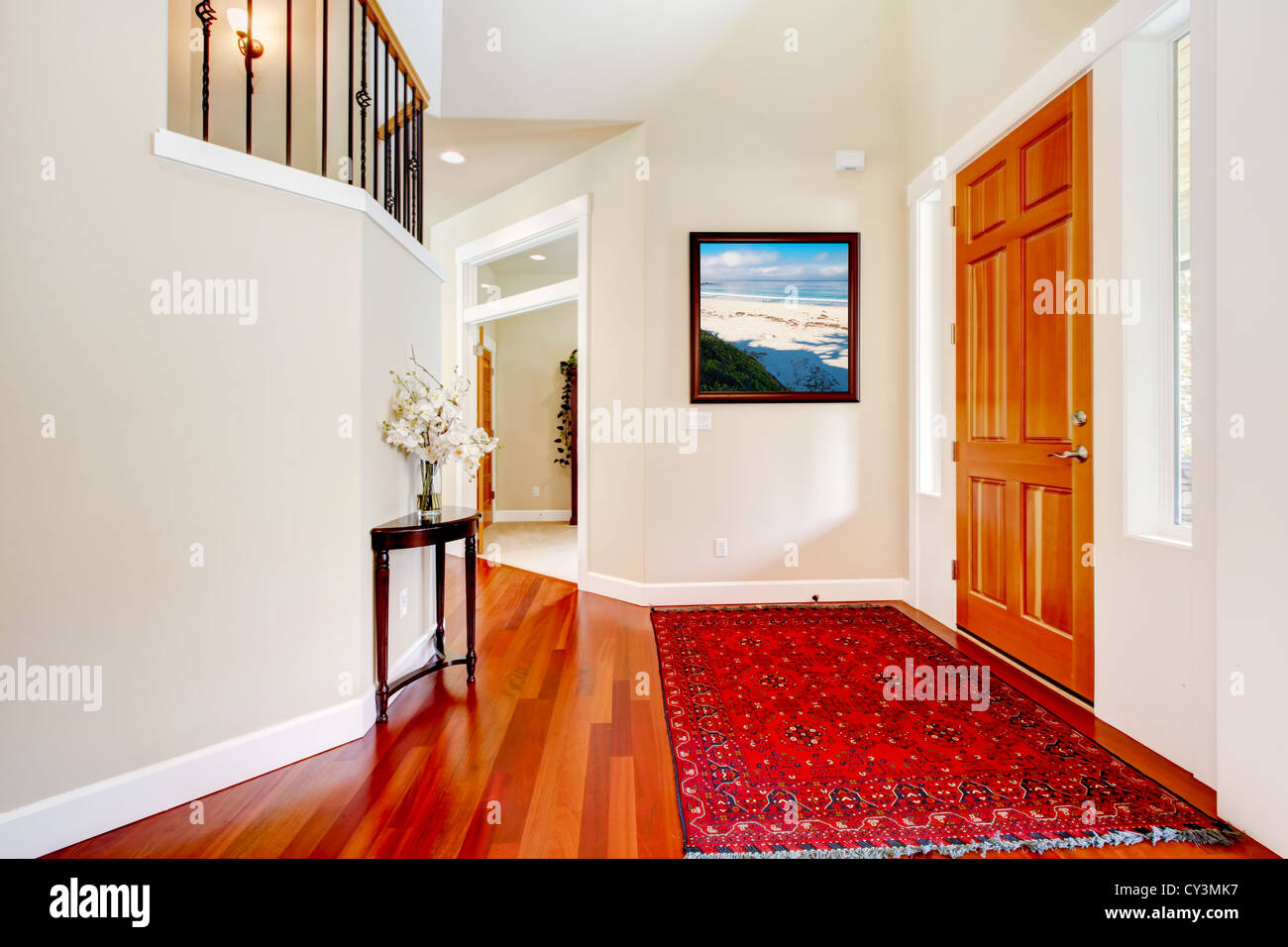 Large home luxury entrance with red rug and wood door Stock Photo - Alamy